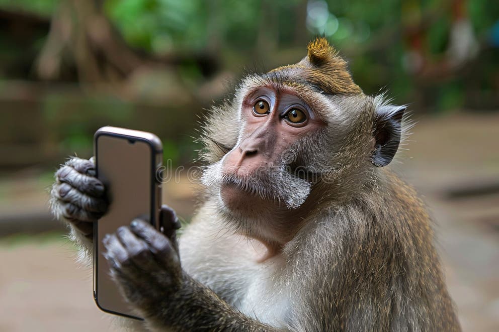 Monkey Taking Selfie with Black Smartphone in Forest Stock Illustration ...