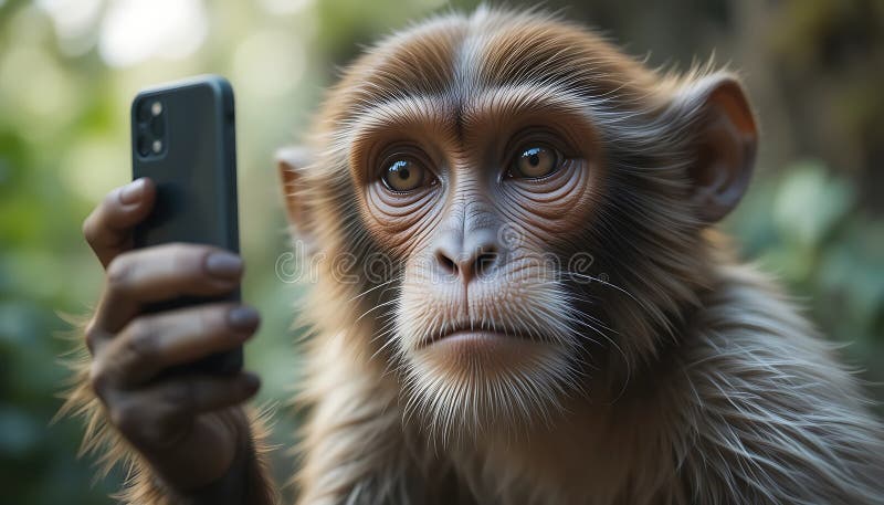 Monkey Taking Selfie with Smartphone Device in Forest Environment Stock ...