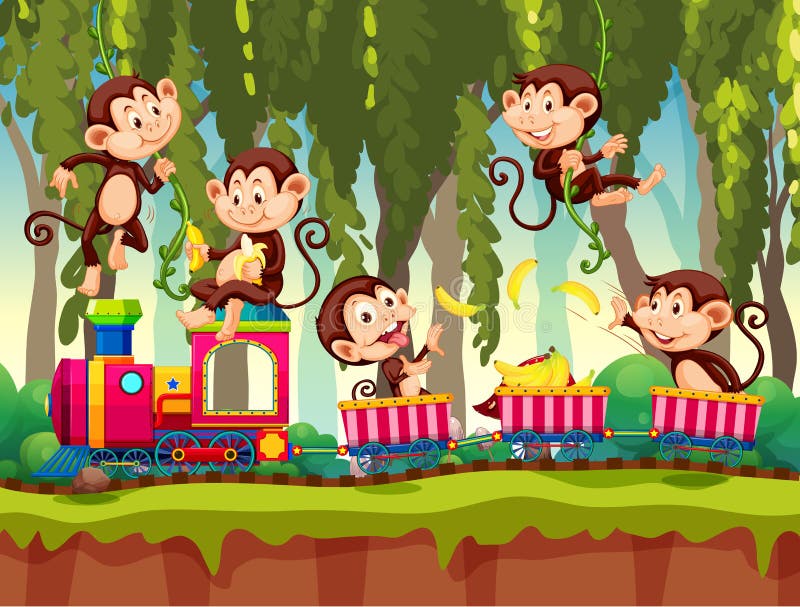 Monkey on Train in the Jungle Stock Illustration - Illustration of ...