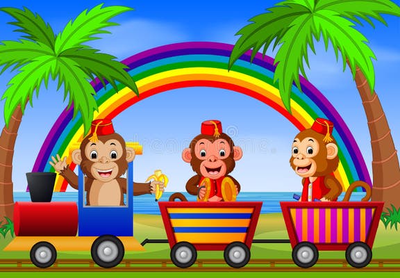 Monkey on the Train with Rainbow Illustration Stock Vector ...