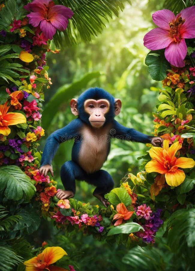 Monkey with Tropical Flowers in the Jungle. Selective Focus Stock Image ...