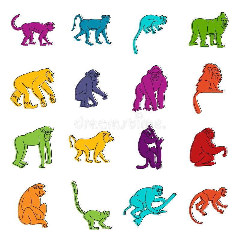 Monkey Types Icons Set in Flat Style Stock Vector - Illustration of ...