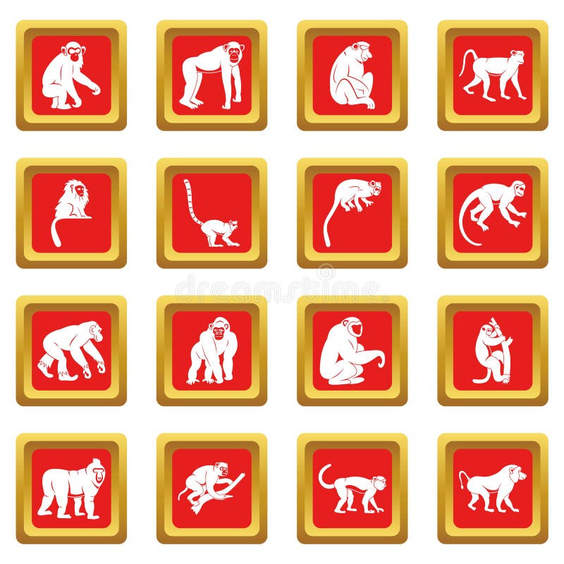 Monkey types icons set red stock vector. Illustration of isolated ...