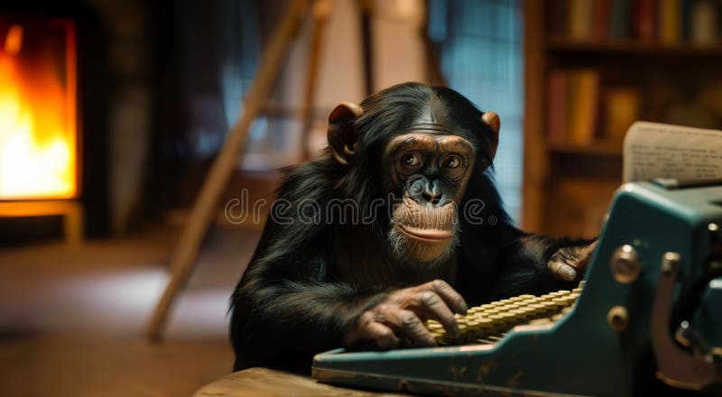 Monkey Typing on a Typewriter in a Room with a Fireplace and ...