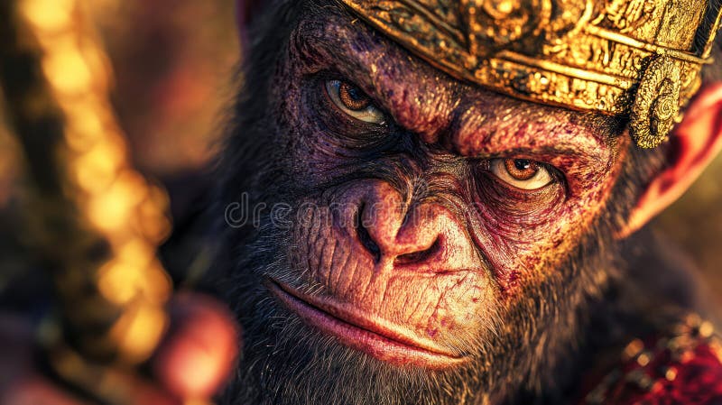 Monkey Warrior in Red and Gold Costume Holding Staff with Determined Expression Stock ...