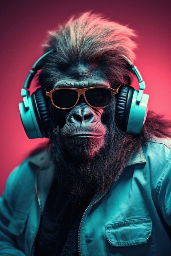 Monkey Wearing Blue Headphones Against a Red Background, AI-generated ...