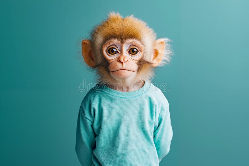 A Monkey Wearing a Blue Shirt with a Sad Expression on Its Face Stock ...