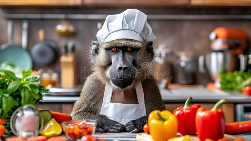 A Monkey Wearing a Chef S Hat Sitting in Front of Vegetables, AI Stock ...