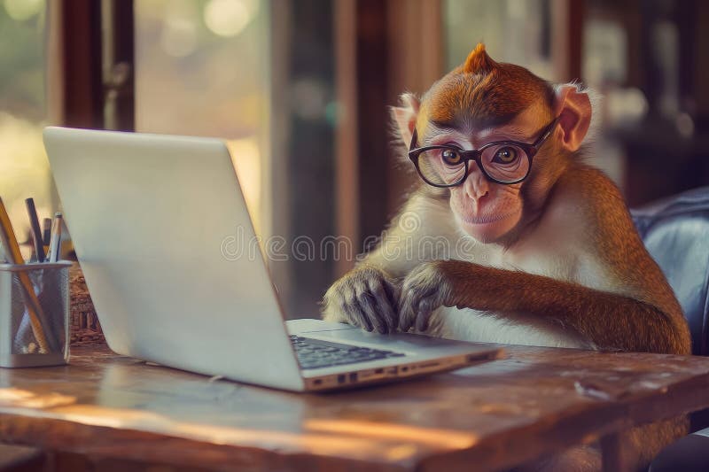 A Monkey Wearing Glasses Sitting at a Laptop in an Office Setting is ...