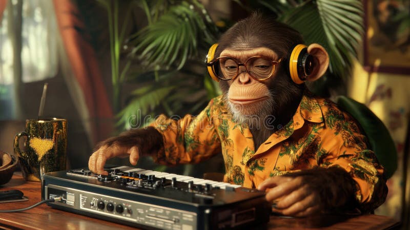 Monkey at Desk with Headphones Stock Image - Image of study, listening ...