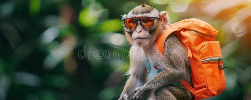 A Monkey Wearing an Orange Backpack and Sunglasses in a Tropical Forest ...