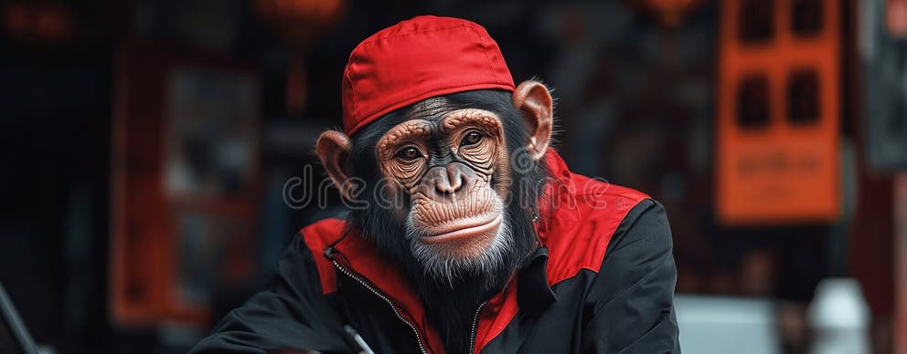 A Monkey Wearing a Red Hat and a Black Jacket Stock Image - Image of ...