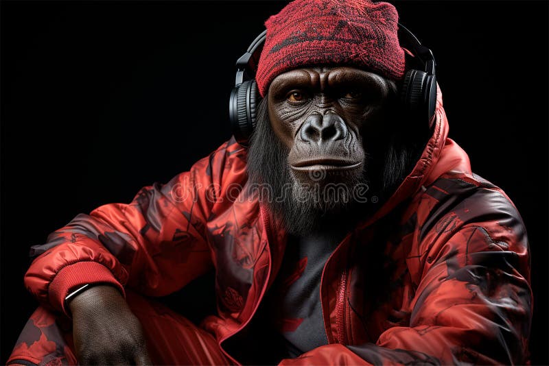 Monkey Wearing a Red Jacket, Hat and Headphones, AI-generated. Stock ...