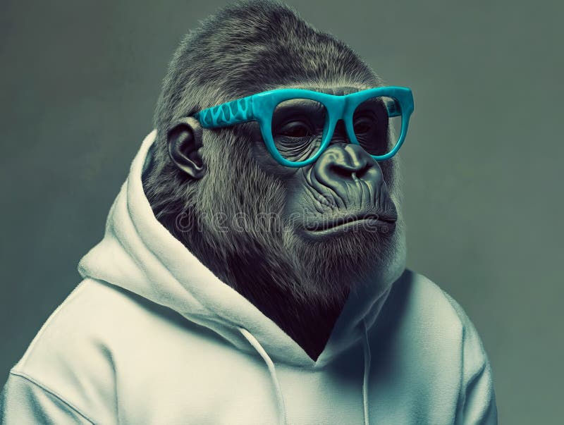 A Monkey Wearing a White Hoodie and Blue Glasses Stock Photo - Image of ...