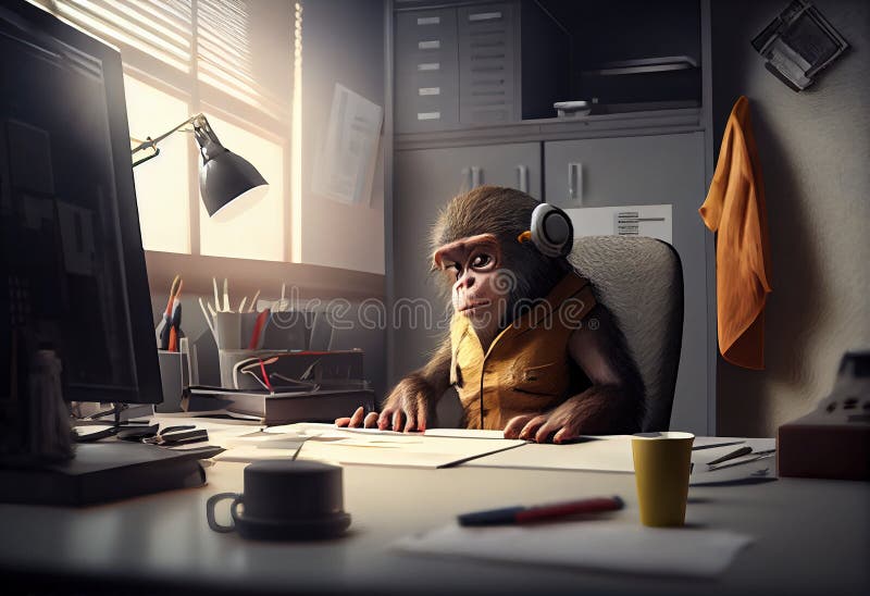 Monkey working in office stock image. Image of charm - 314612195