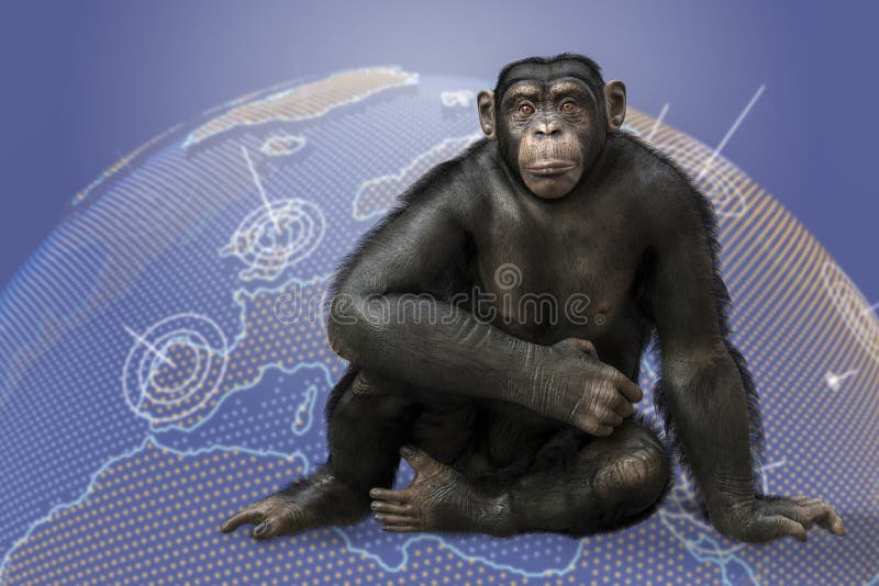 Monkey on a Background with Earth Map, Conceptual 3D Illustration Stock ...