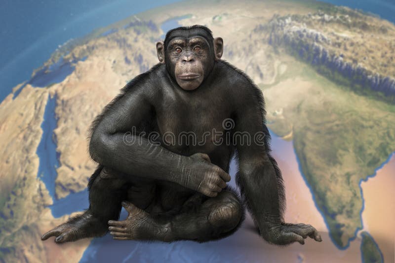 Monkey on a Background with Earth Map, Conceptual 3D Illustration Stock ...