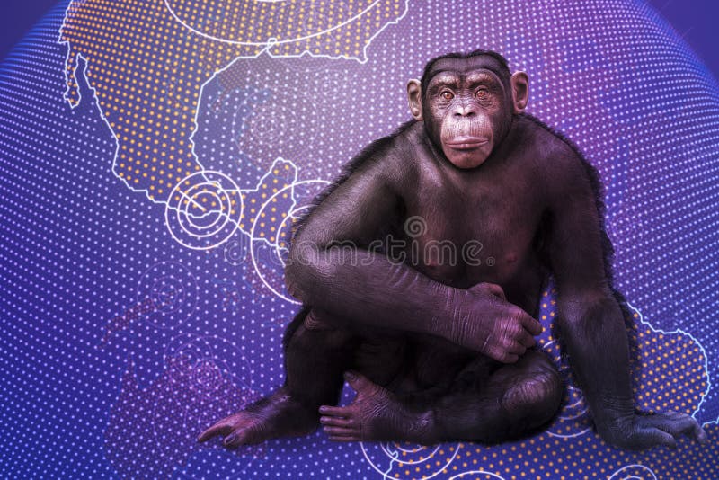 Monkey on a Background with Earth Map, Conceptual 3D Illustration Stock ...