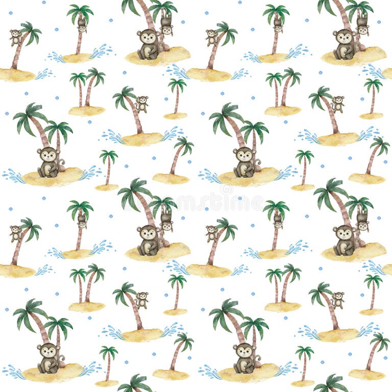Monkeys Climbing Coconut Tree Seamless Pattern. Hand Drawn Illustration ...
