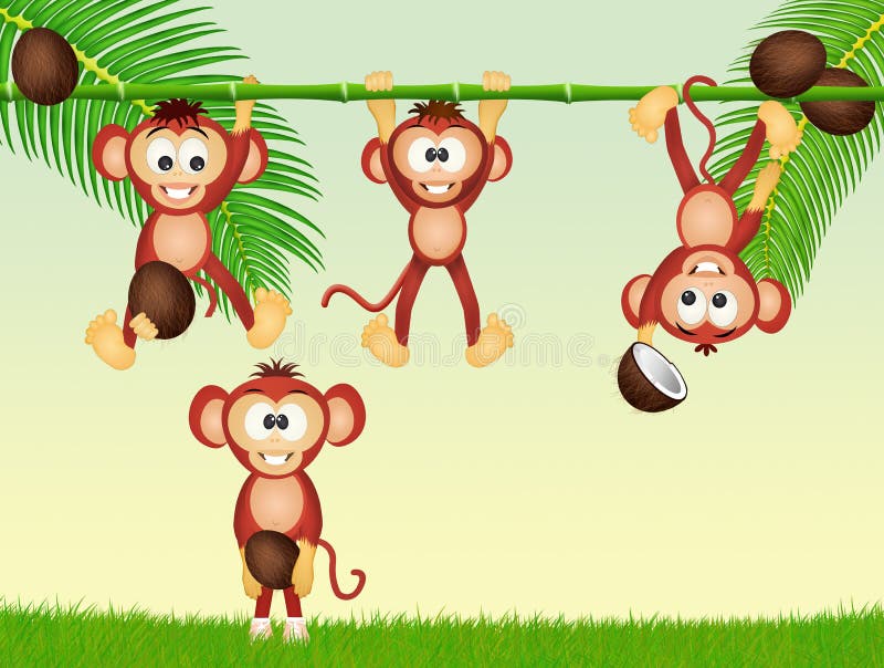 Monkeys and Coconuts on the Beach Stock Illustration - Illustration of ...