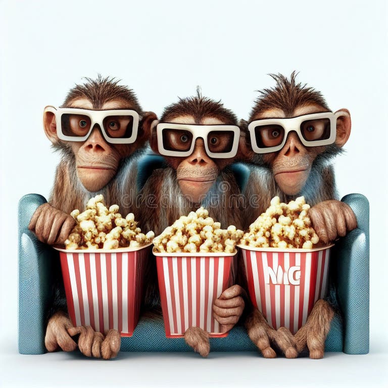 Monkeys in 3D Glasses Sit on a Sofa with Large Glasses of Popcorn on a ...
