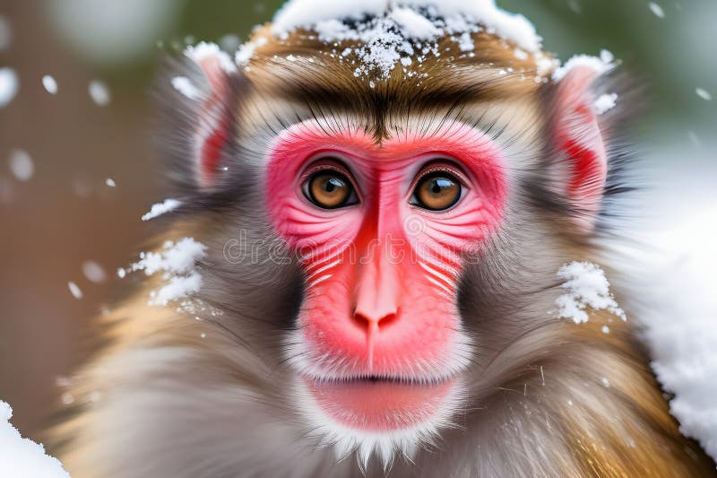 A Monkeys Face is Covered in Snow. the Monkey is Looking at the Camera ...