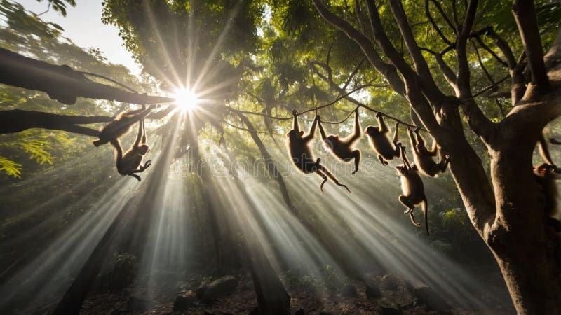 Sunlight Dappled Monkeys Hanging on Branch in Lush Forest Stock ...