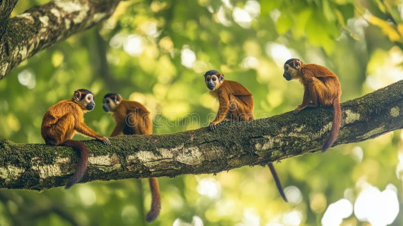 Monkeys Playing and Exploring in the Lush Canopy of the Tropical ...