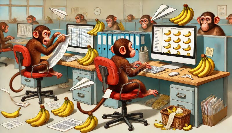 Monkeys Sit at Desks in an Office Setting Creating Bananas Stock ...