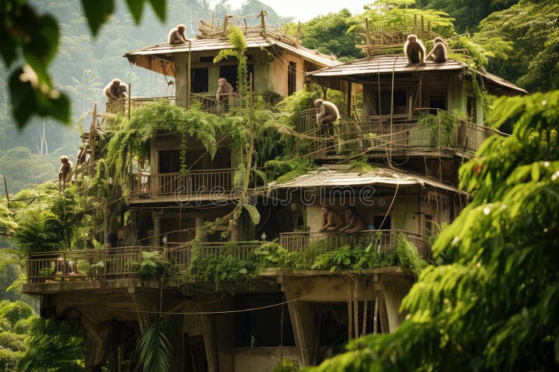 Monkeys Sitting on Balconies of a Abandoned House in the Jungle Stock ...