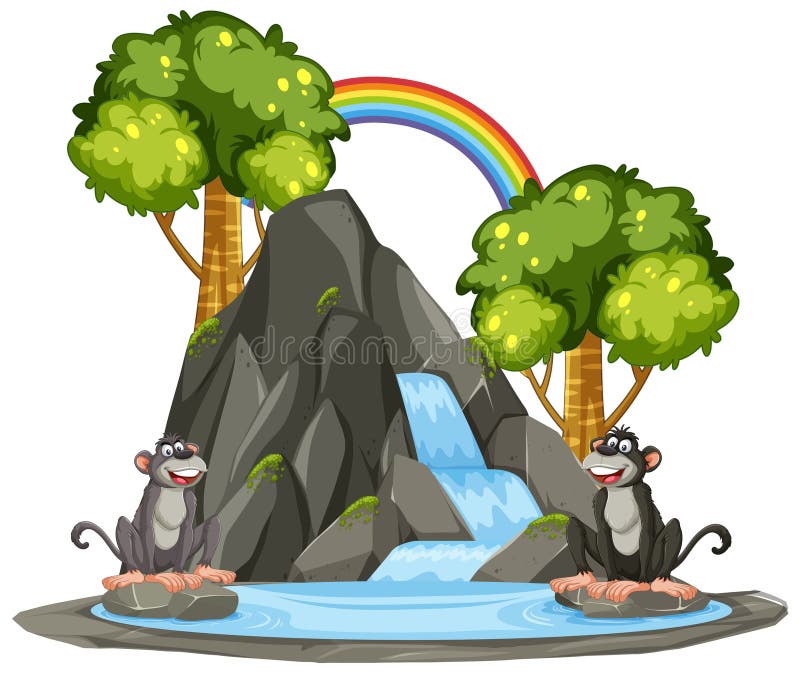Monkeys Sitting on Stone with Mountain Stock Vector - Illustration of ...