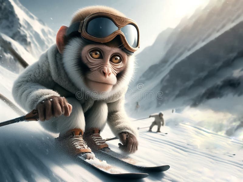 Monkeys are Skiing in the Snow Stock Illustration - Illustration of ...