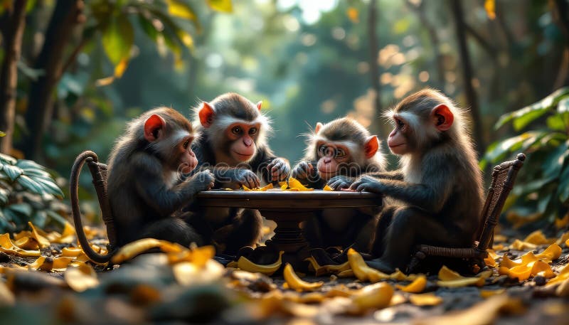 Monkeys at Table Sharing Food in Forest Setting Togetherness Concept ...