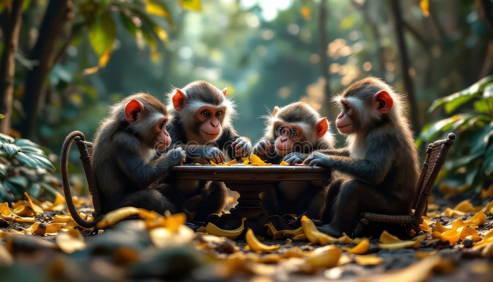 Monkeys at Table Sharing Food in Forest Setting Togetherness Concept ...