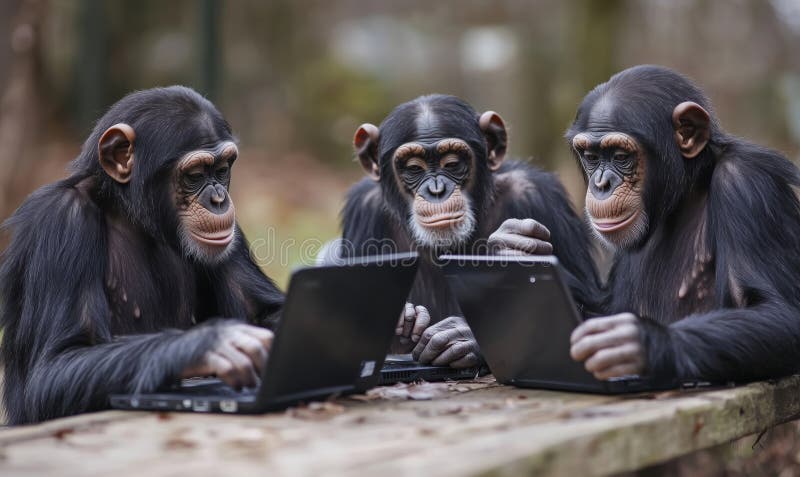 Monkeys Using Laptops, Three Chimpanzees Engaged in Technology, Focused ...