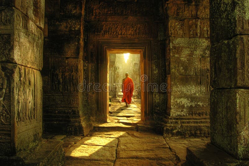 Monks at Angkor Wat Temple, Cambodia, Look at a Bas-relief of an Apsara ...