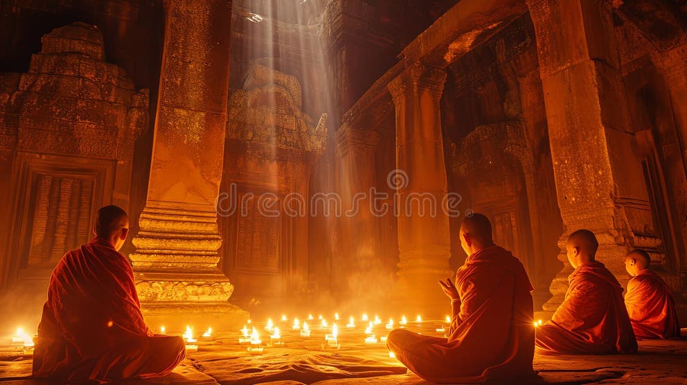 Monks Meditating in Ancient Temple Stock Illustration - Illustration of ...
