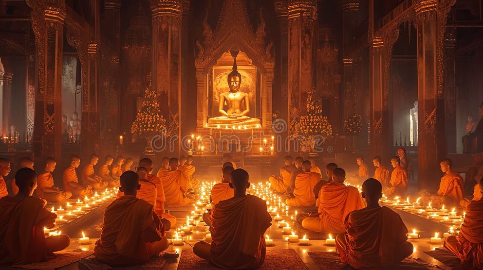 Monks Meditating in Ancient Temple Stock Illustration - Illustration of ...