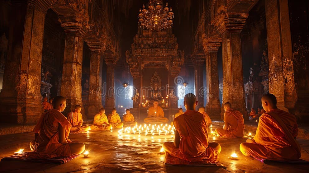 Monks Meditating in Ancient Temple Stock Illustration - Illustration of ...