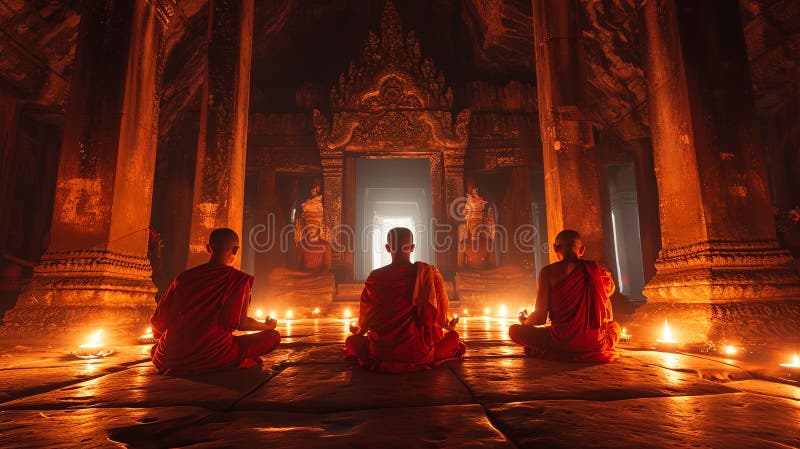 Monks Meditating in Ancient Temple Stock Illustration - Illustration of ...