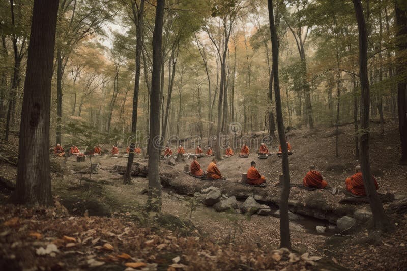 Monks Meditating in the Forest, Surrounded by Nature Stock Illustration ...