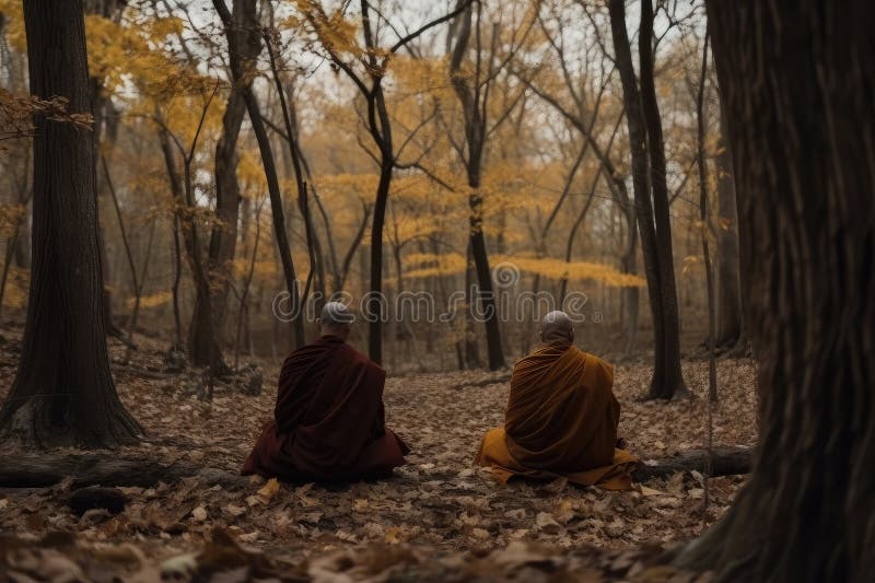 Monks Meditating in the Forest, Surrounded by Nature Stock Illustration ...