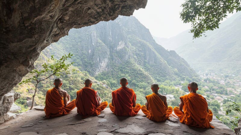 Monks Meditating in Serene Mountain Monastery Retreat Stock ...