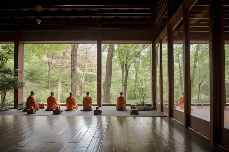 Monks in Meditation Hall, with View of the Garden and Birds Singing ...