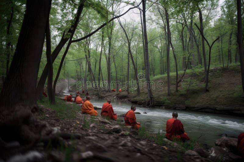 Monks Practicing Meditation in Forest, with Trees and Streams Stock ...
