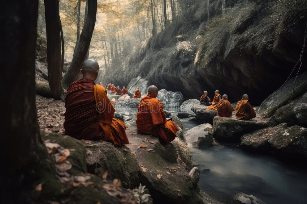 Monks Practicing Meditation in Forest, with Trees and Streams Stock ...