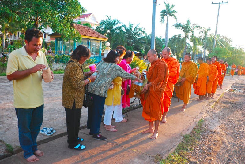 Monks Receiving Rice Offering Editorial Image - Image of asian ...