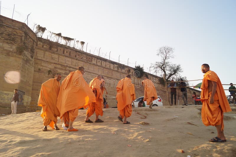 Monks Returning after a Holy Bath in River Ganges. Editorial ...