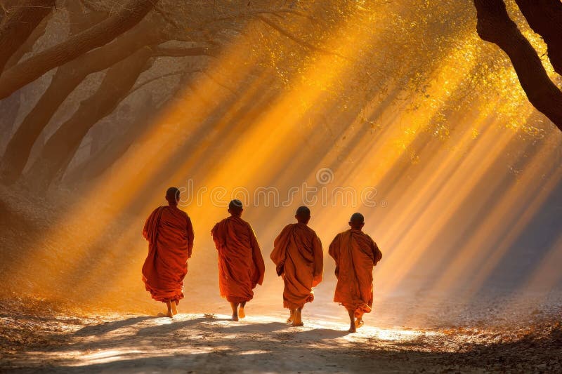 Monks Walking in Front of Temple Under Warm Sunlight with Rays of Light ...