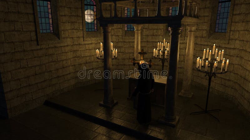 Monnik - Priester - Voor Het Kruis in De Kapel Stock Illustratie ...